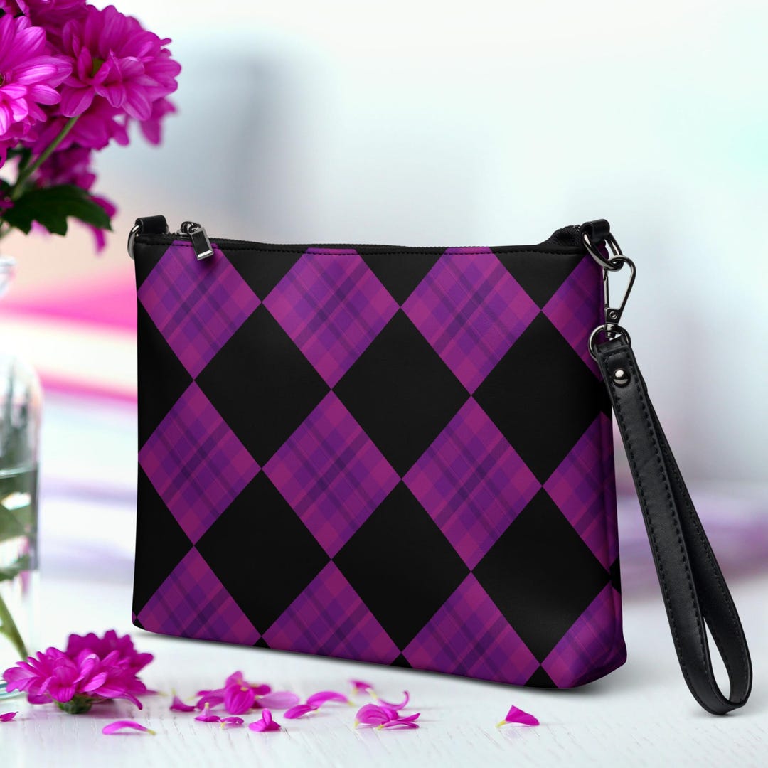 Purple and Black Plaid Checkered Crossbody Bag W/ Bold Harlequin ...