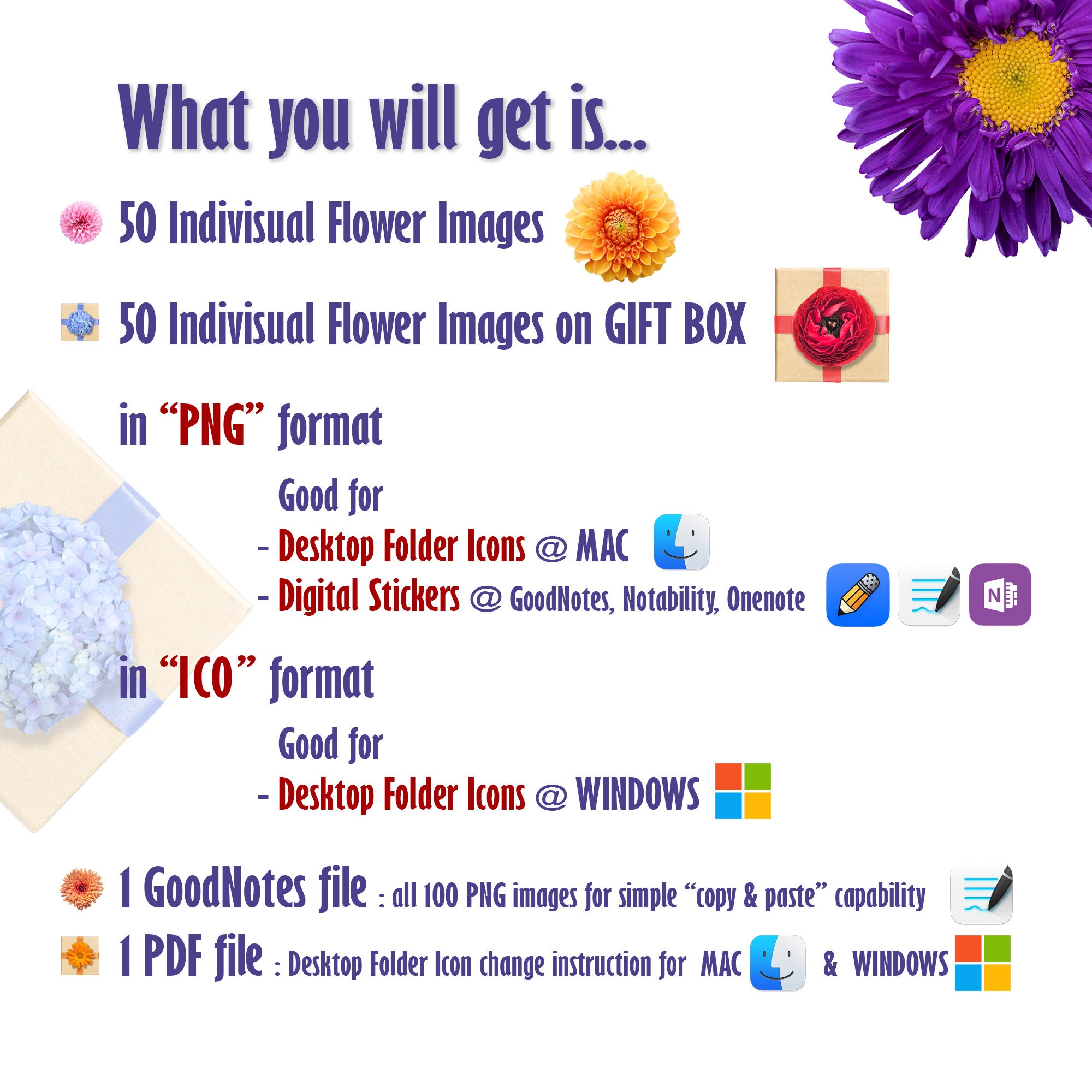 100 Desktop Folder Icons & Sticker Value Pack, Flower Folder Icons ...