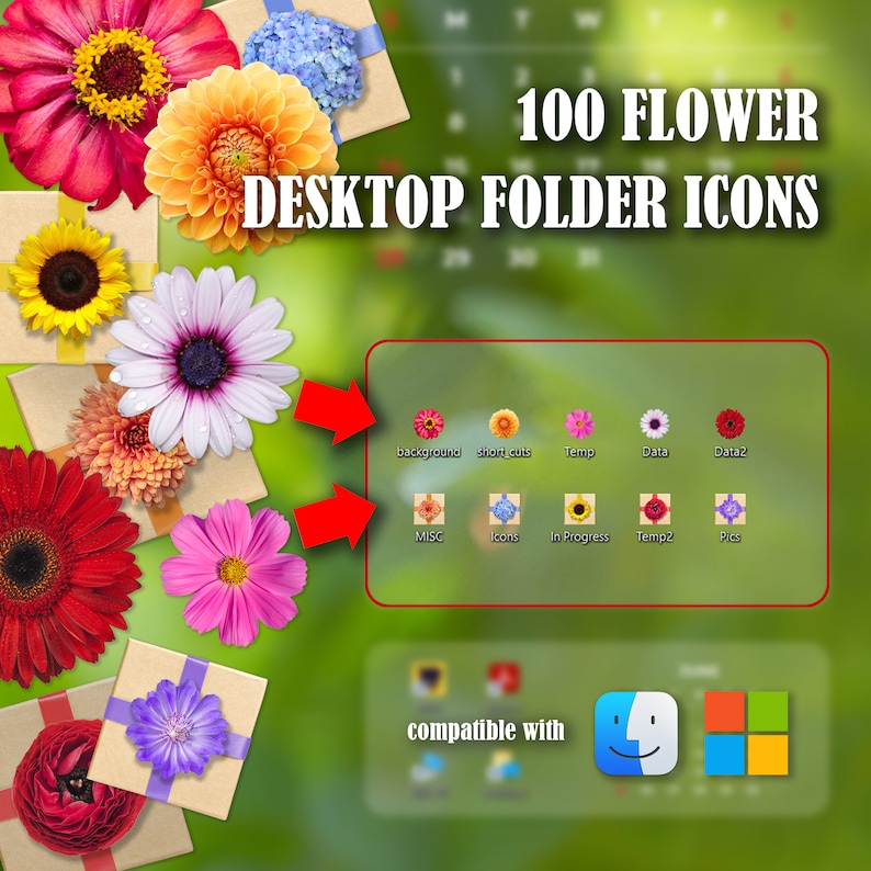 100 Desktop Folder Icons & Sticker Value Pack, Flower Folder Icons ...