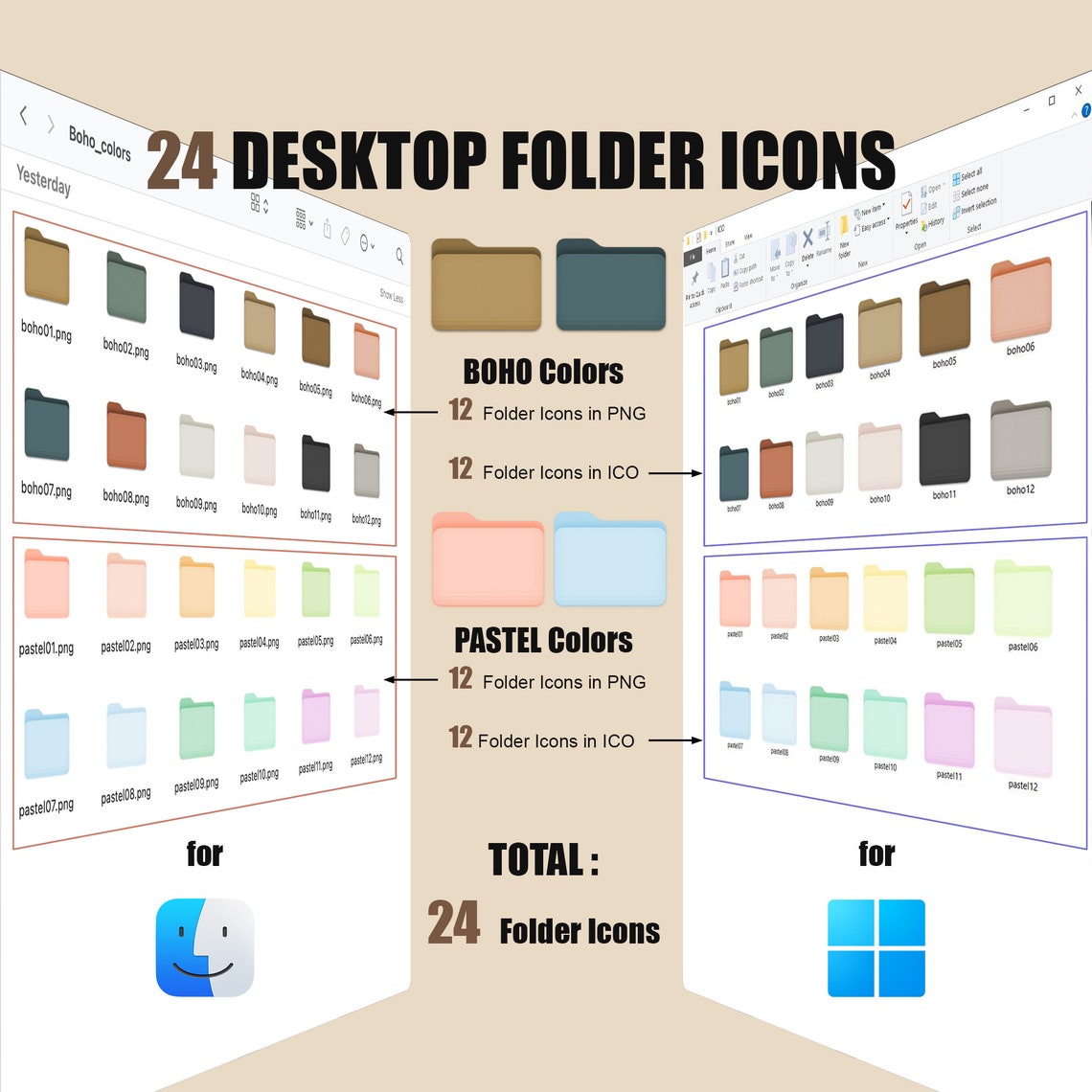 24 Desktop Folder Icons, Boho Color, Pastel, Mac+pc Folder Icons ...