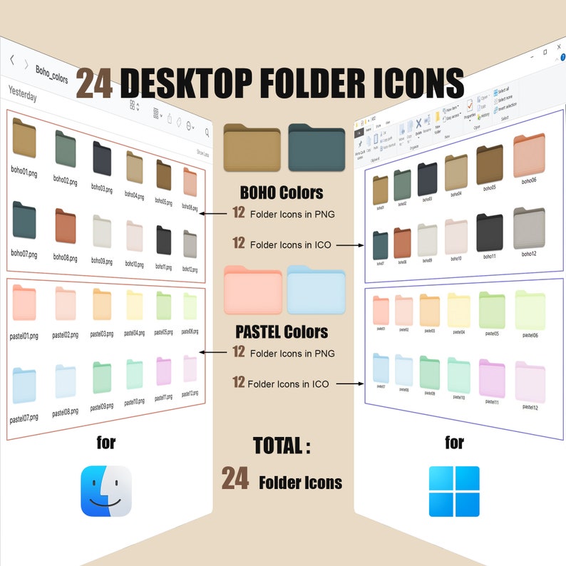 24 Desktop Folder Icons, Boho Color, Pastel, Mac+pc Folder Icons ...