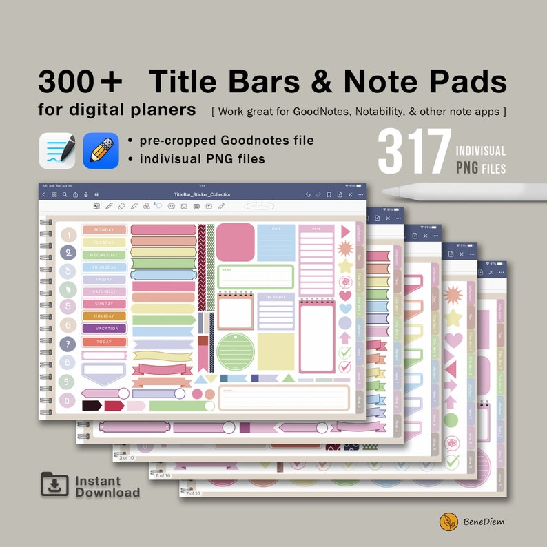 Digital Planner Stickers, Title Bars, Sticky Note Pads, Digital ...