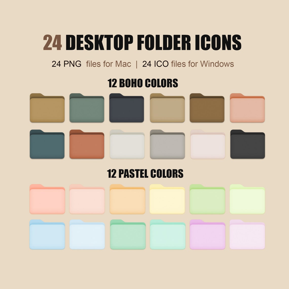 24 Desktop Folder Icons, Boho Color, Pastel, Mac+pc Folder Icons ...