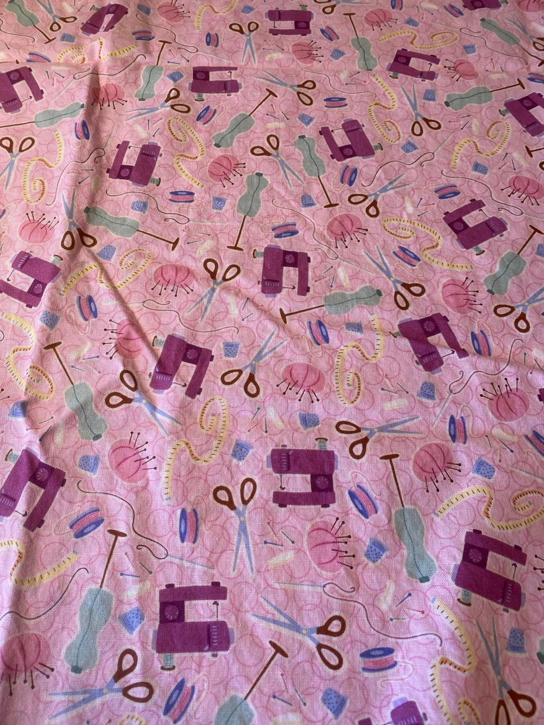 Pink With Mauve, Turquoise, Blue and Yellow Sewing Notions Fabric Sold ...