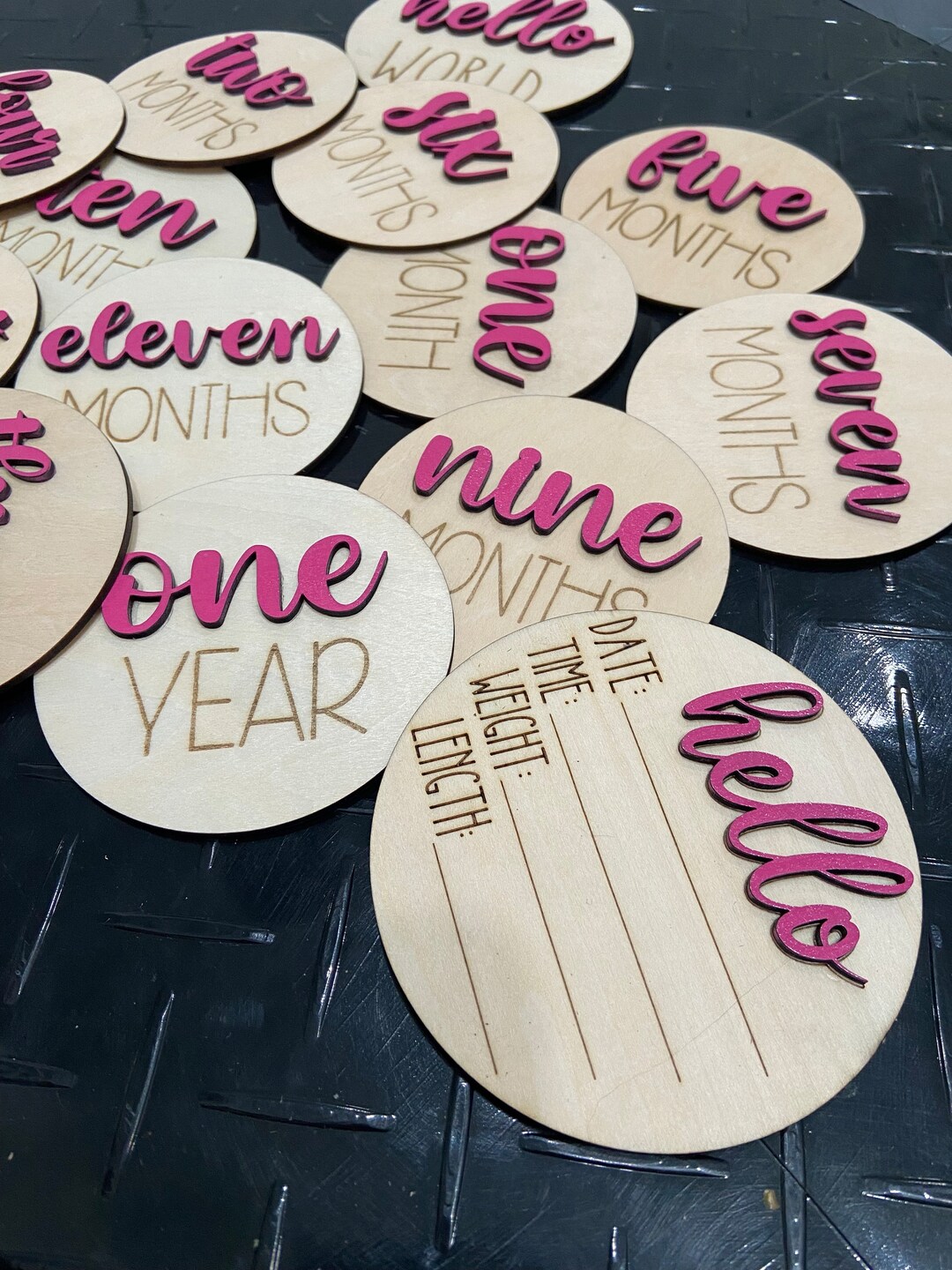 Laser Engraved Baby Milestone Discs: Hello World Photo Markers - Etsy