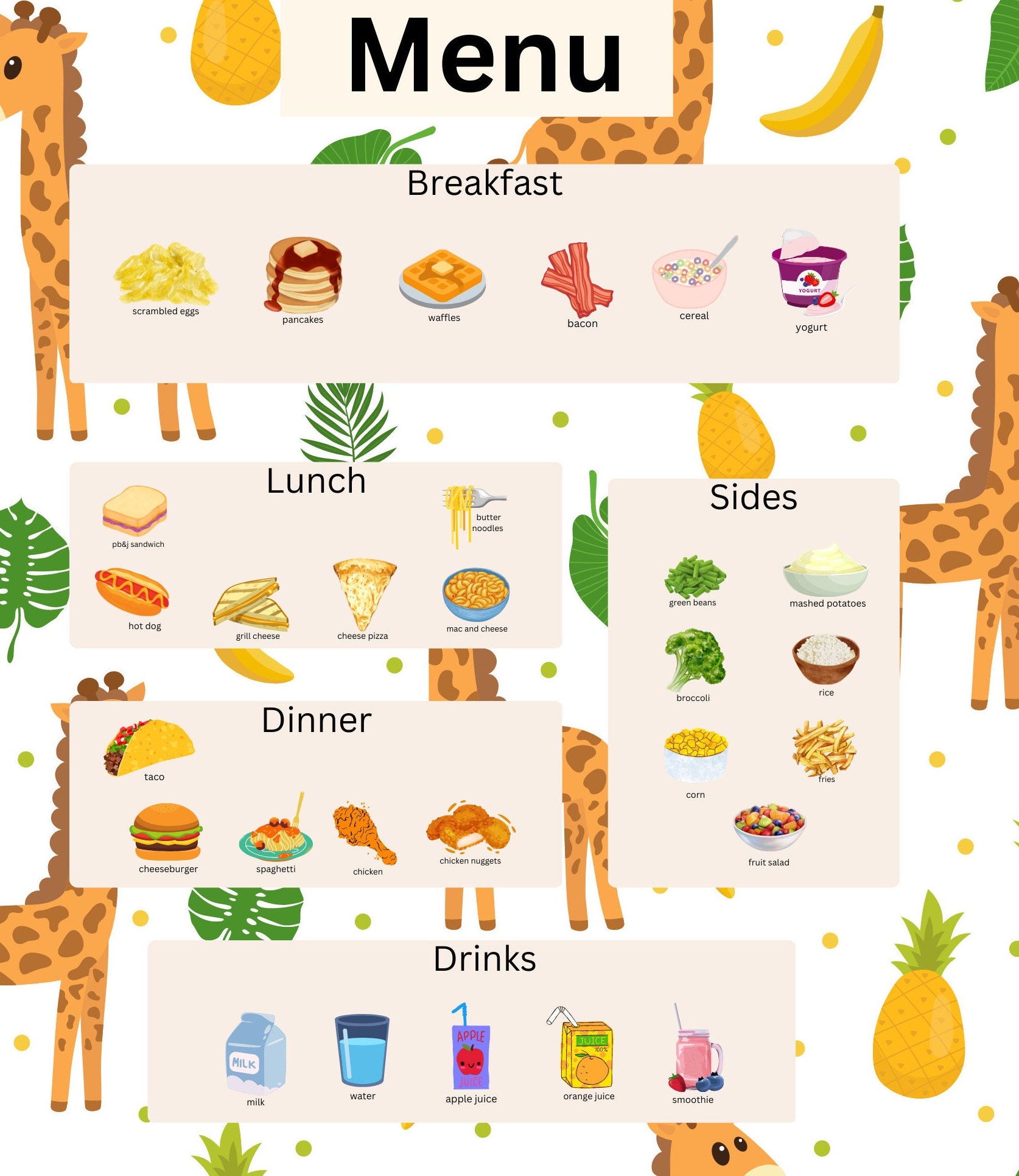 Toddler Food Menus, Child Meal Men - Etsy