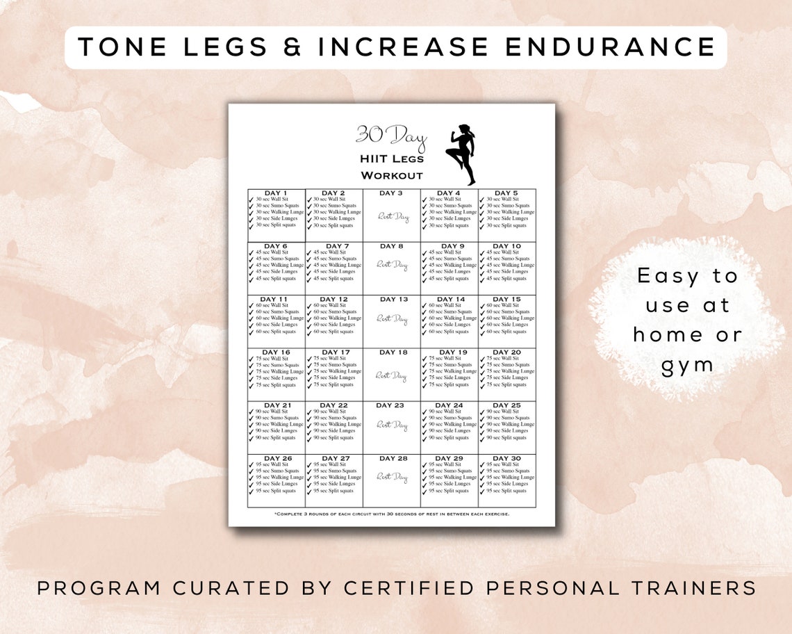 30 Day HIIT Legs Workout Program Printable + Fillable PDF | Bonus ...