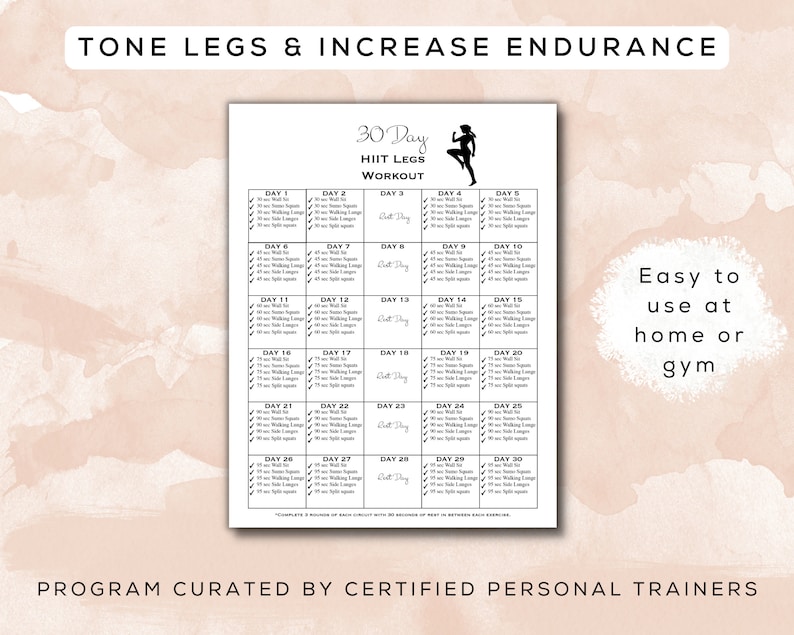 30 Day HIIT Legs Workout Program Printable + Fillable PDF | Bonus ...