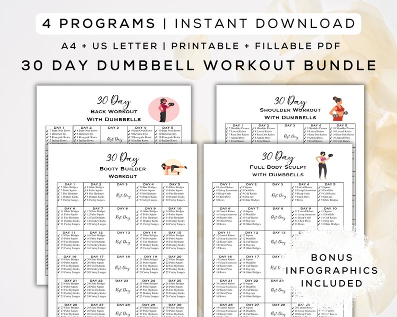 30 Day Dumbbell Workout Bundle Printable + Interactive Pdfs | 4 Workout ...