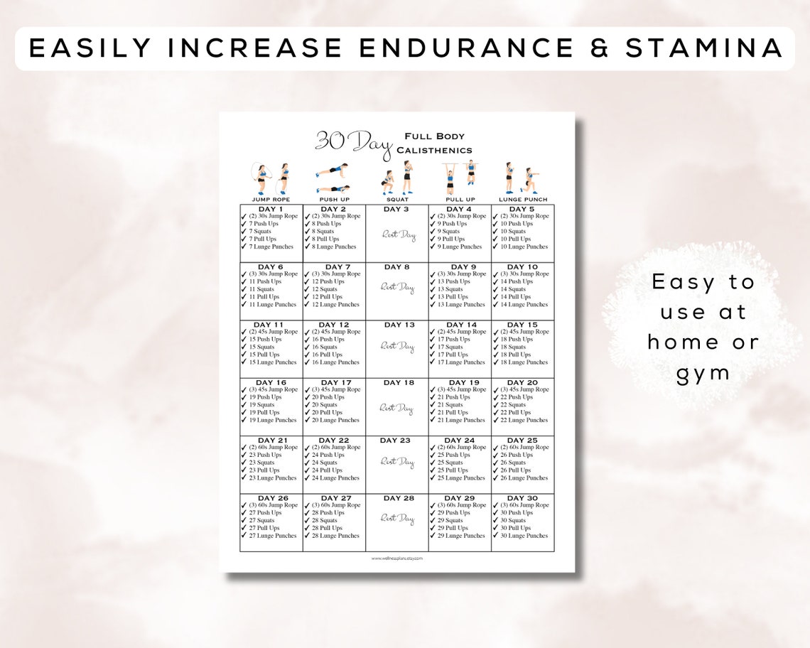 30 Day Full Body Calisthenics Workout Plan Printable + Interactive PDF ...