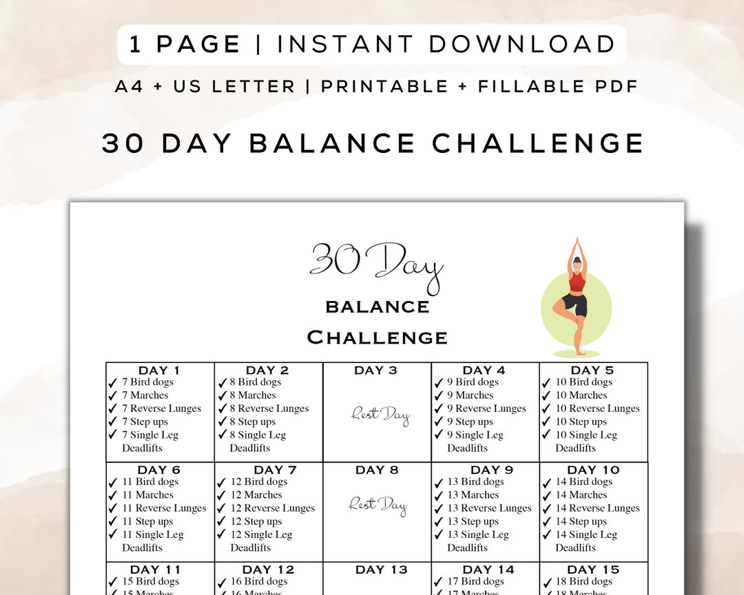 30 Day Balance Challenge Workout Printable + Fillable PDF | Easy to ...