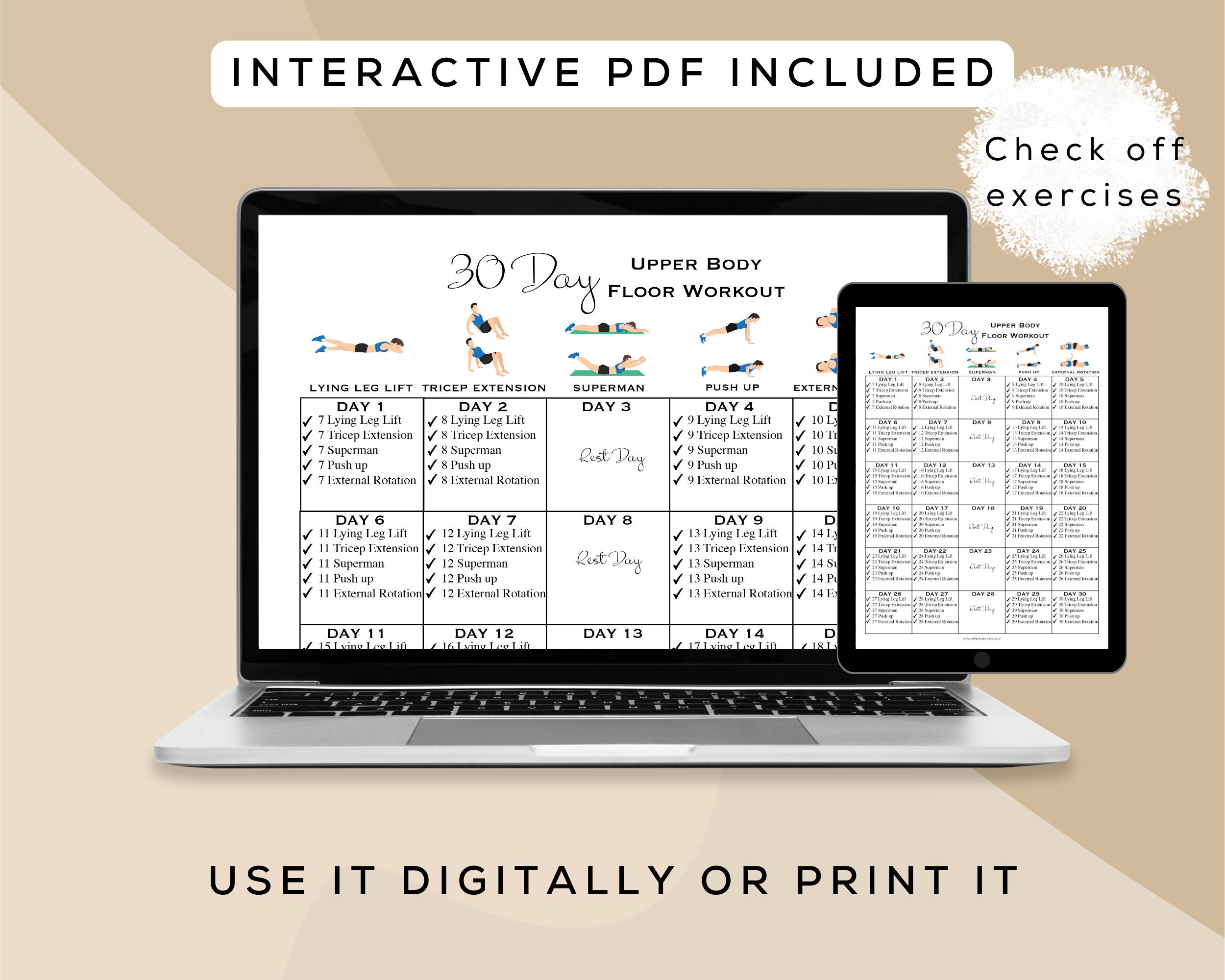 30 Day Upper Body Floor Workout Printable + Interactive PDF | Easy to ...