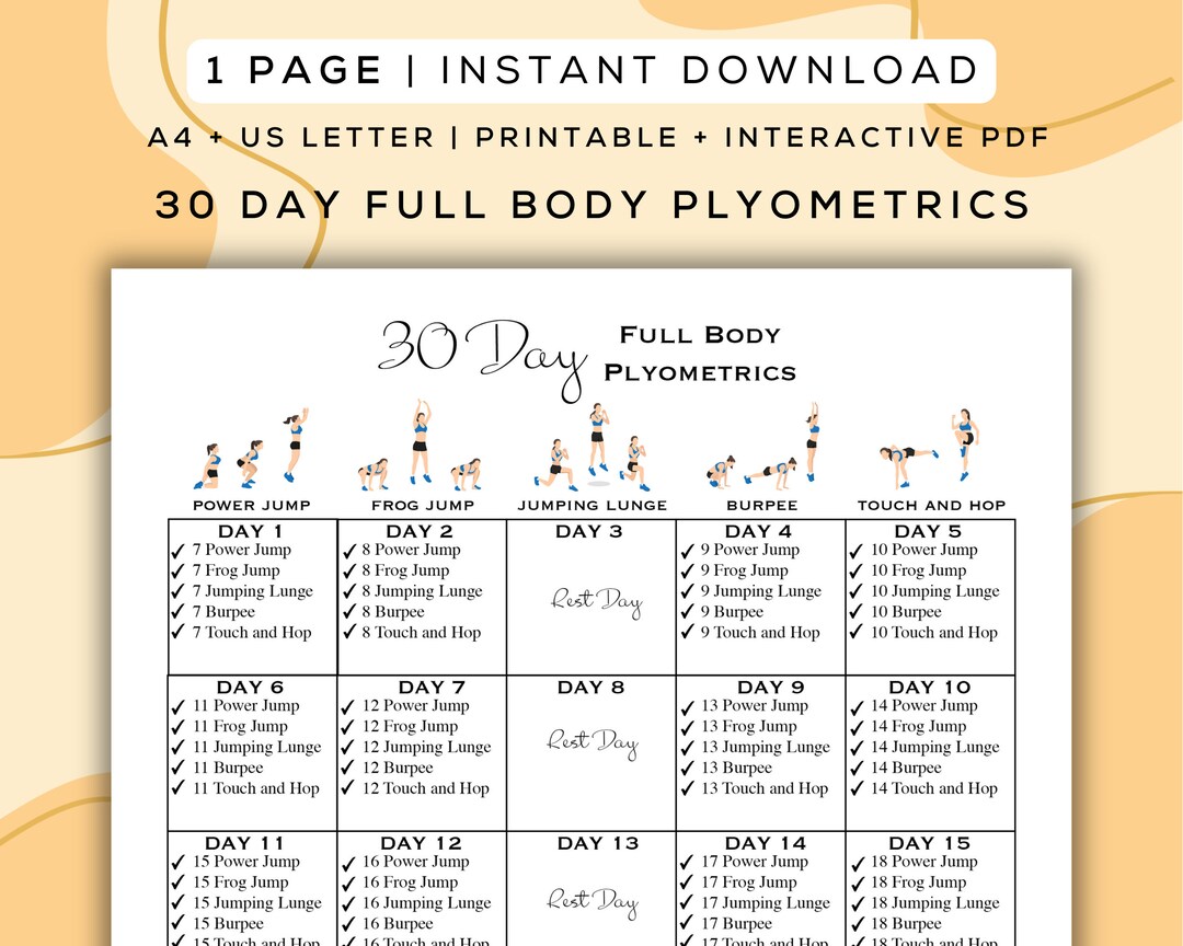 30 Day Full Body Plyometrics Workout Printable Interactive PDF Easy to Follow, Beginner Friendly ...