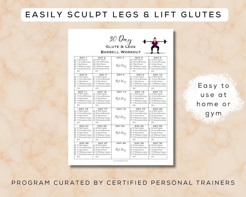 30 Day Glute & Leg Barbell Workout Plan Printable + Fillable PDF | Bous ...