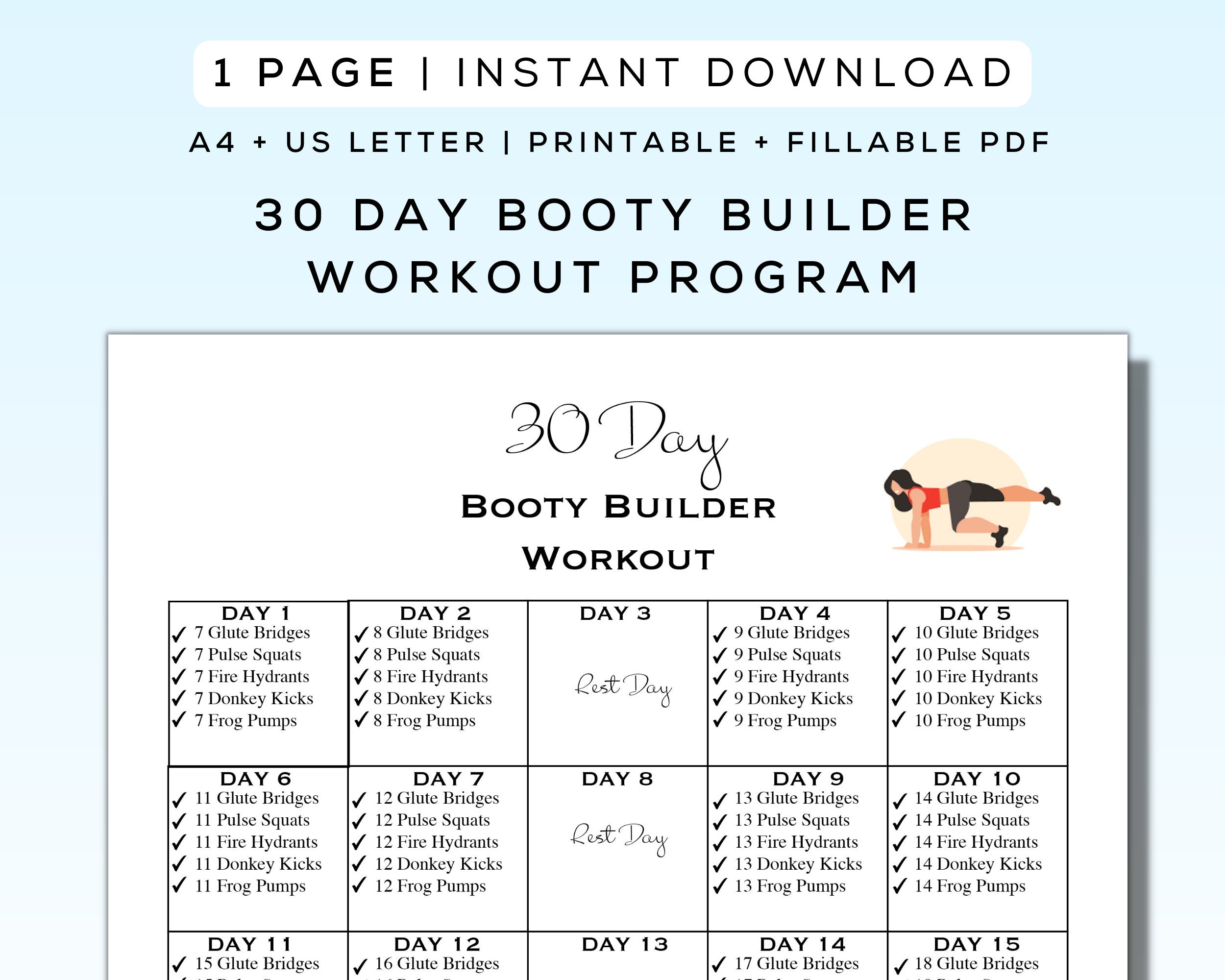 30 Day Booty Builder Workout Program Printable Fillable PDF Home ...