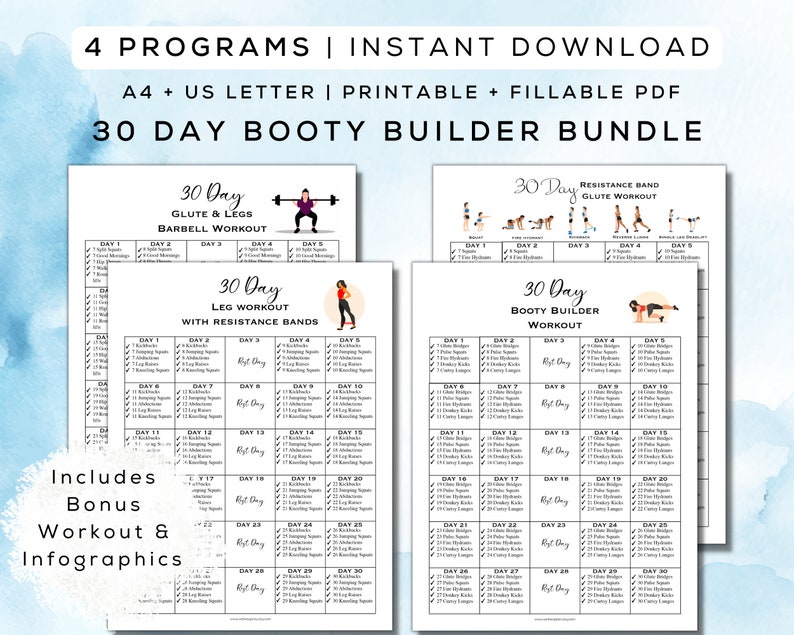 30 Day Booty Builder Bundle Printable + Fillable PDF | Bonus ...