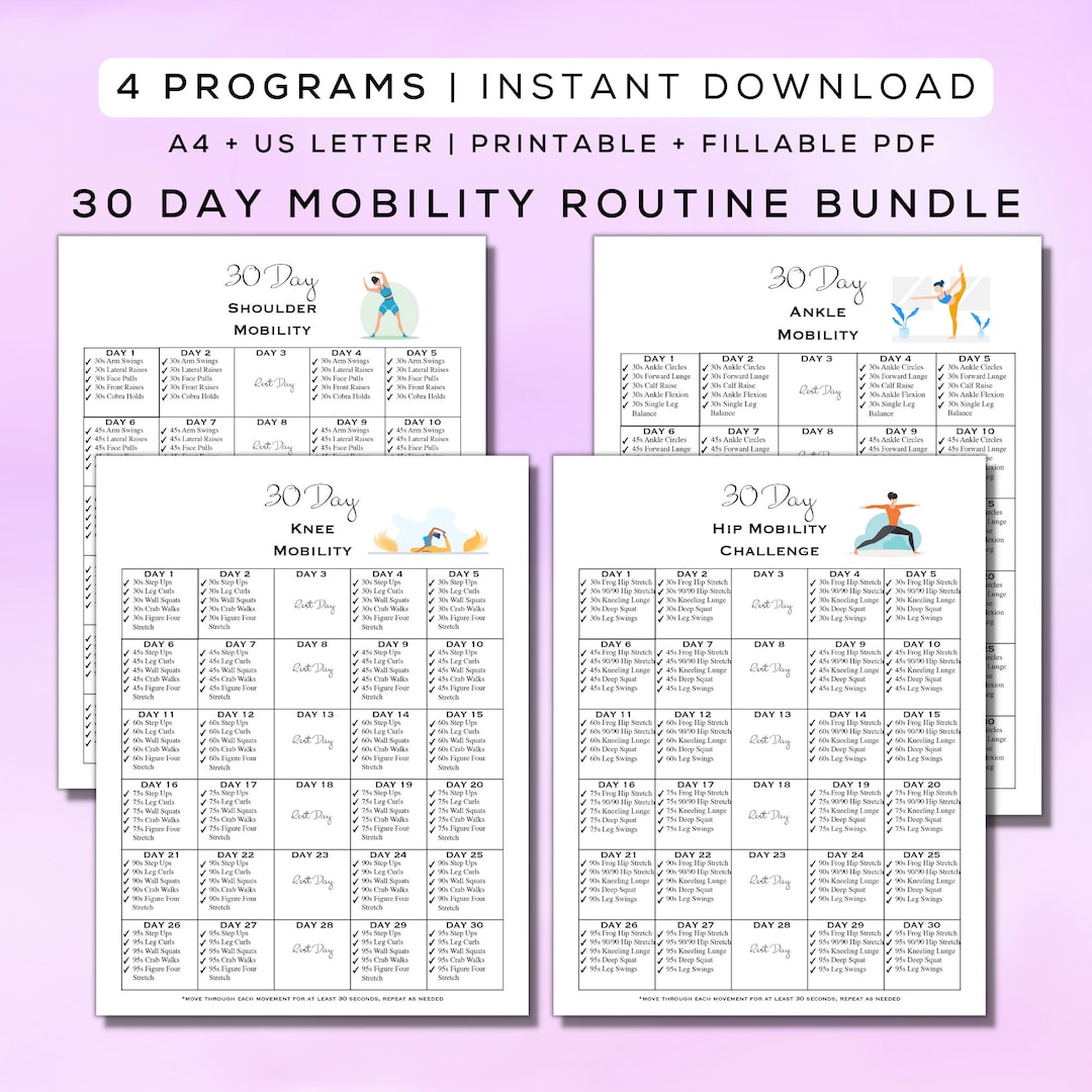 30 Day Mobility Bundle Printable Fillable PDF 4 Mobility Routines, Easy ...