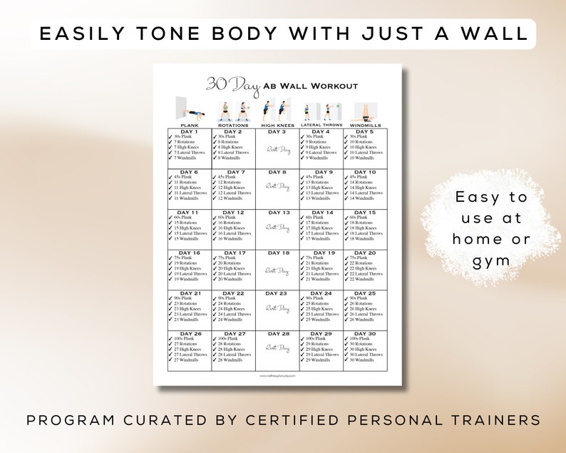 30 Day Ab Wall Workout Printable + Interactive PDF | Easy to Follow ...