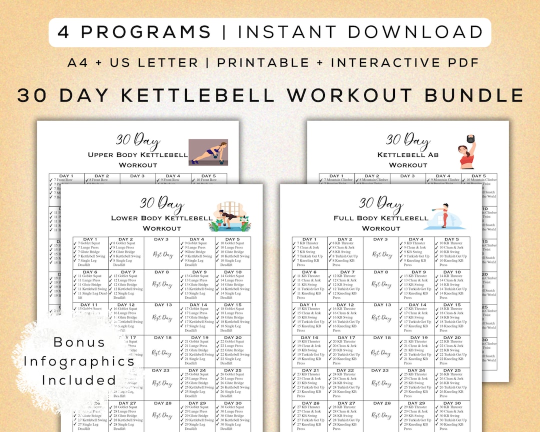 30 Day Kettlebell Workout Bundle Printable + Digital Gym Guide | Bonus ...