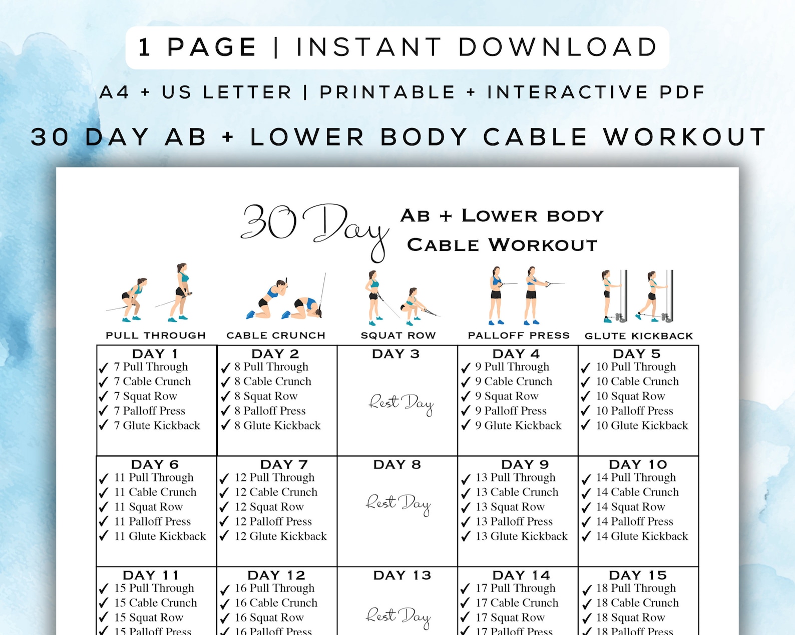 30 Day Ab + Lower Body Cable Workout Printable With Infographics, Easy ...