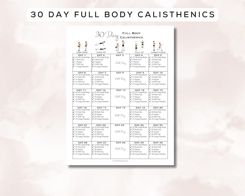 30 Day Calisthenics Workout Bundle | Printable + Interactive PDF, Easy ...