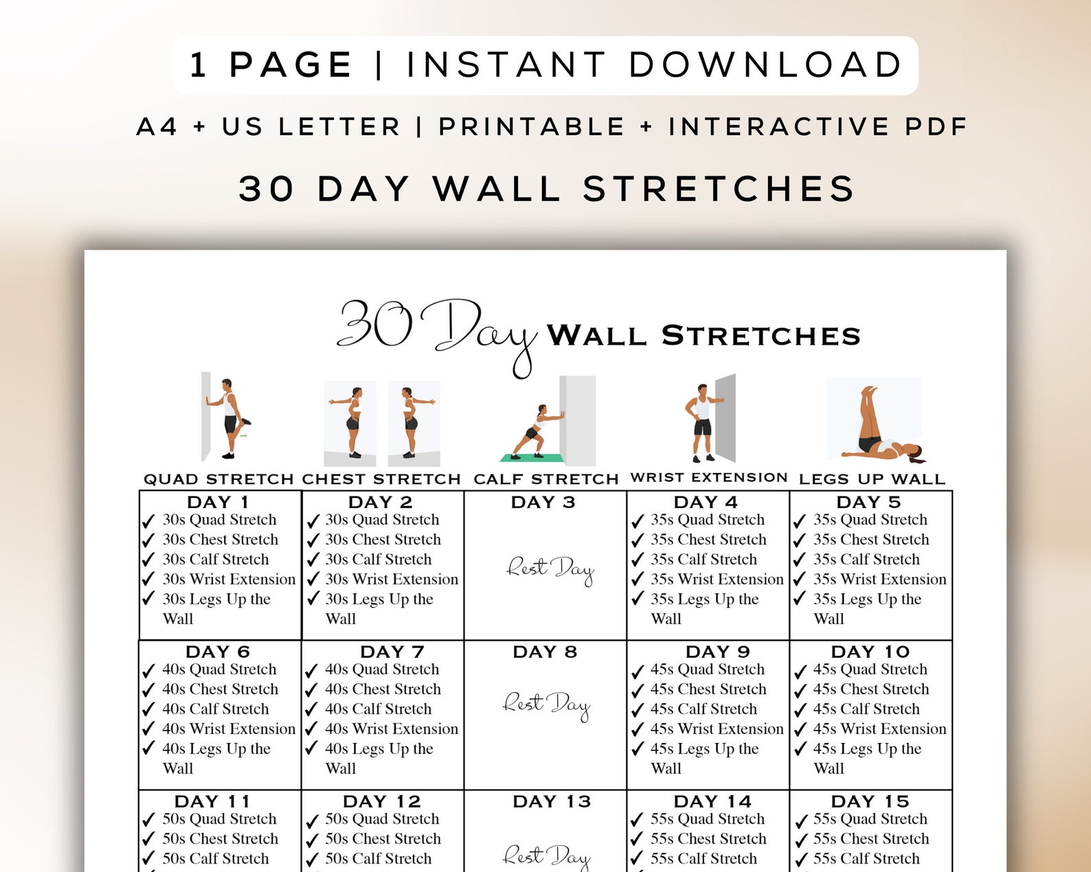 30 Day Wall Stretches Printable + Interactive PDF | Easy to Follow ...