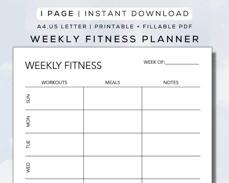 Minimal Weekly Fitness Planner Printable Fillable PDF Health Fitness ...