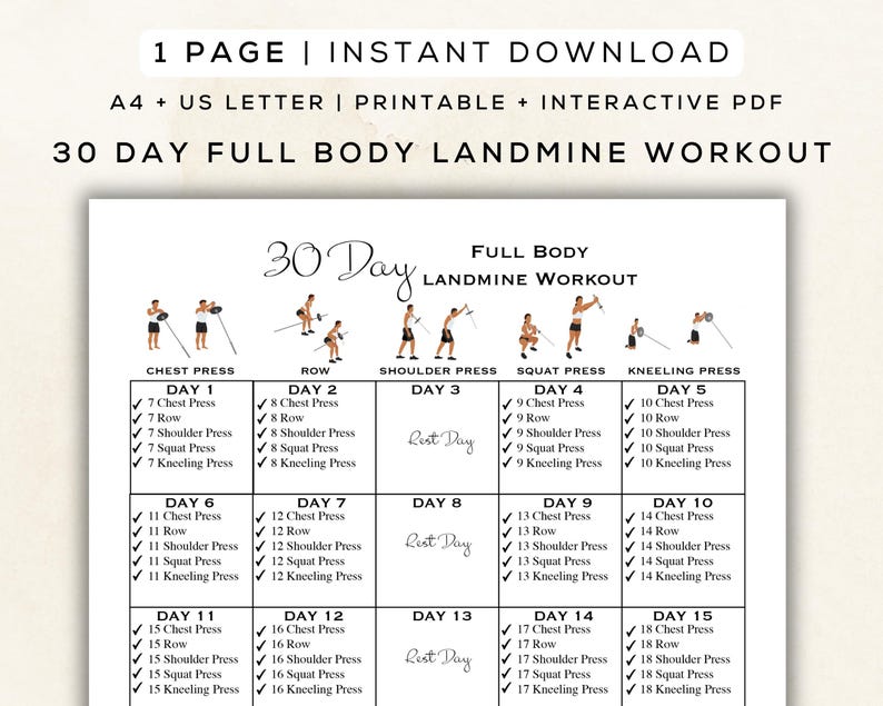 30 Day Full Body Landmine Workout Printable + Interactive PDF | Easy to ...