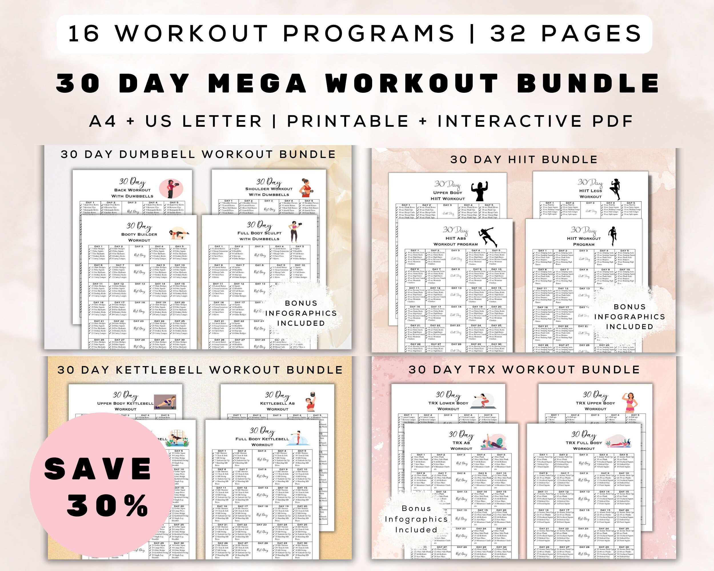 30 Day MEGA Workout Bundle Printable Interactive Pdfs 16 Workout Plans ...
