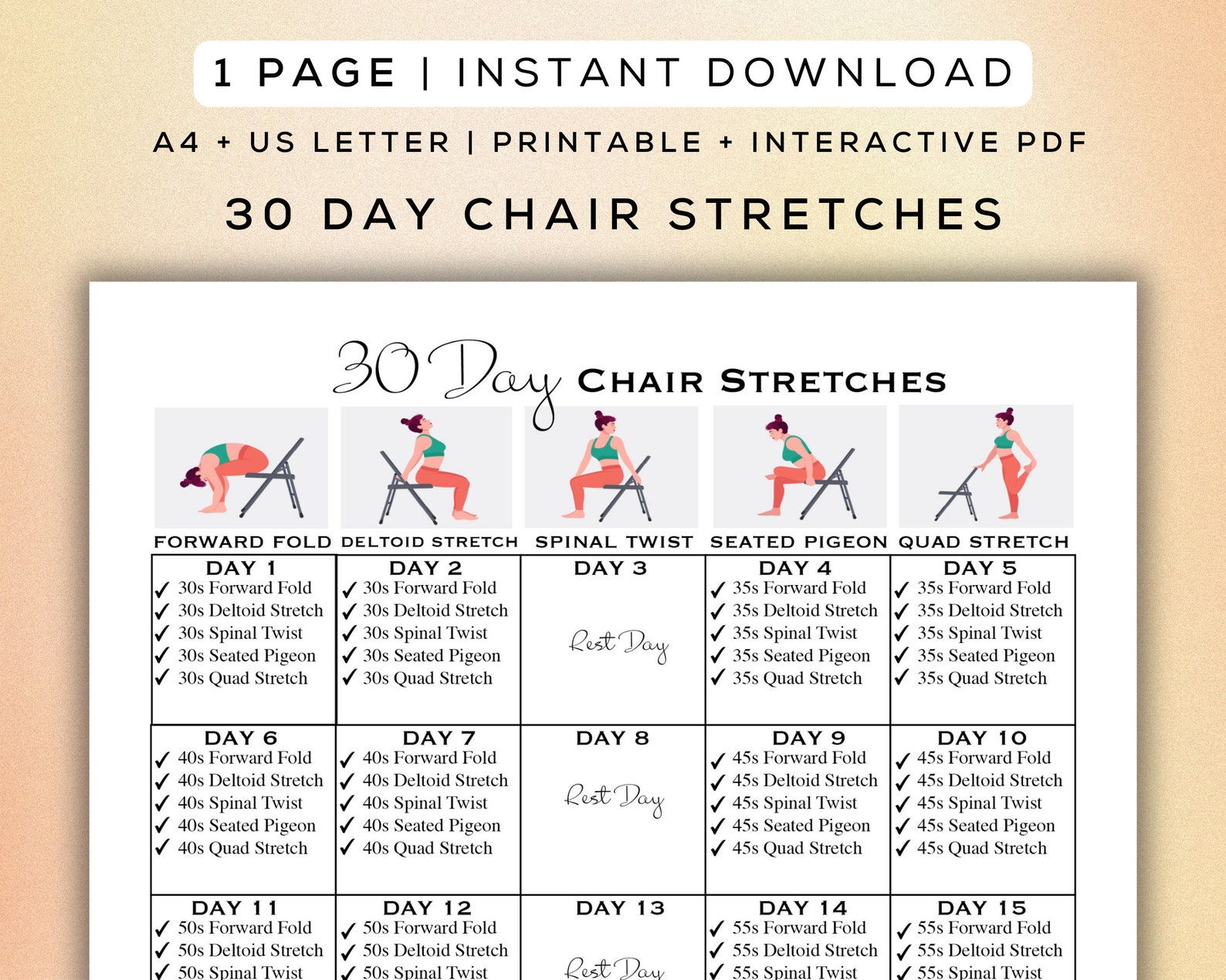 30 Day Chair Stretches Printable + Interactive PDF | Easy to Follow ...