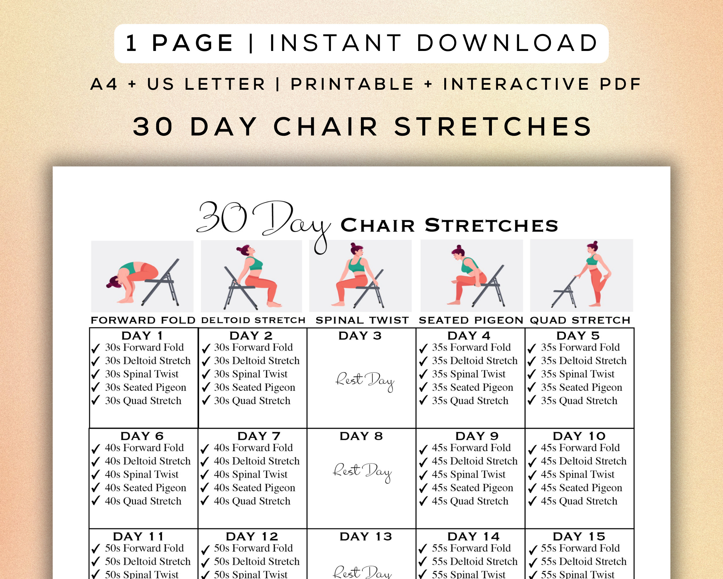 30 Day Chair Stretches Printable + Interactive PDF | Easy to Follow ...