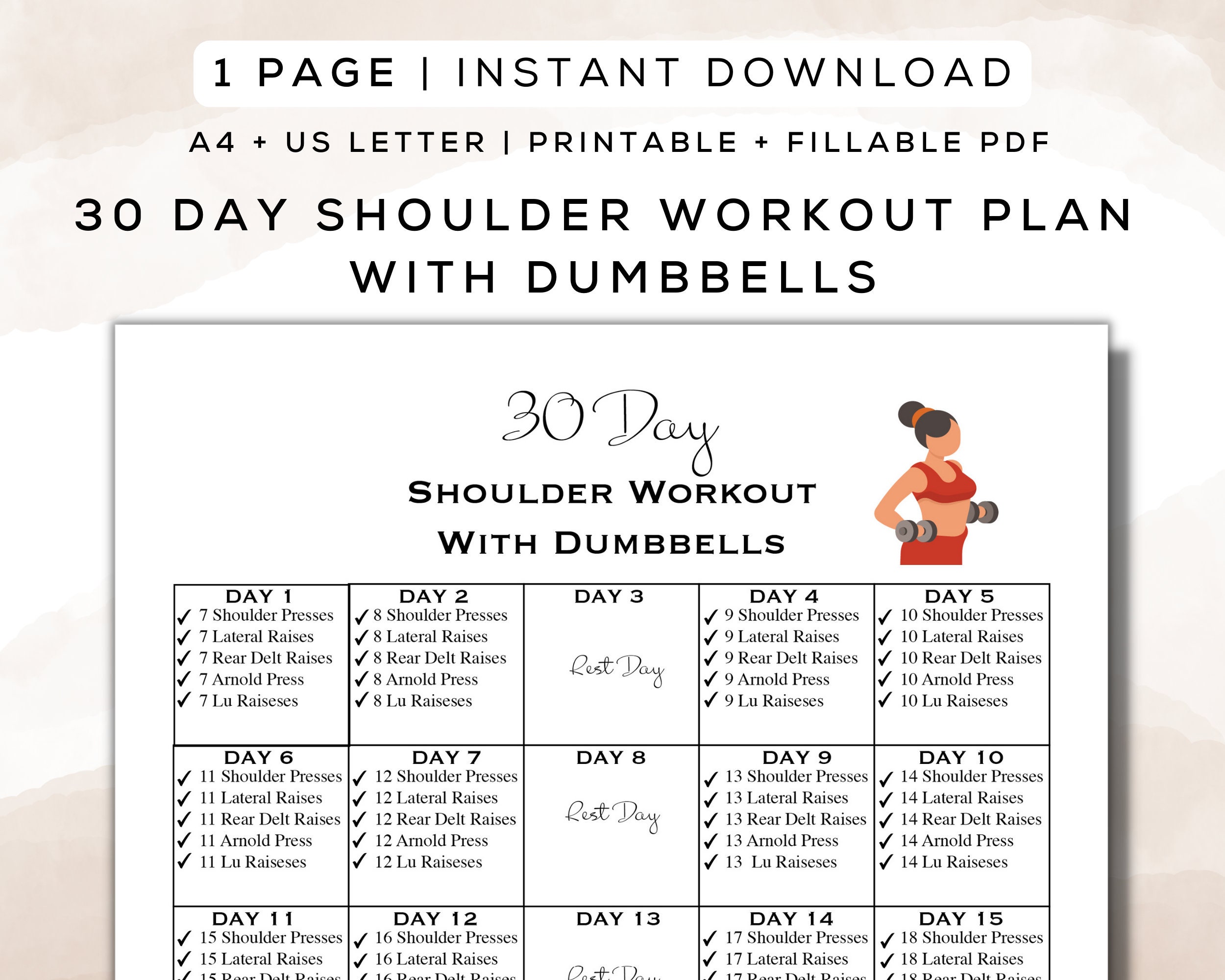 30 Day Shoulder Workout Plan With Dumbbells Printable Fillable PDF Easy ...
