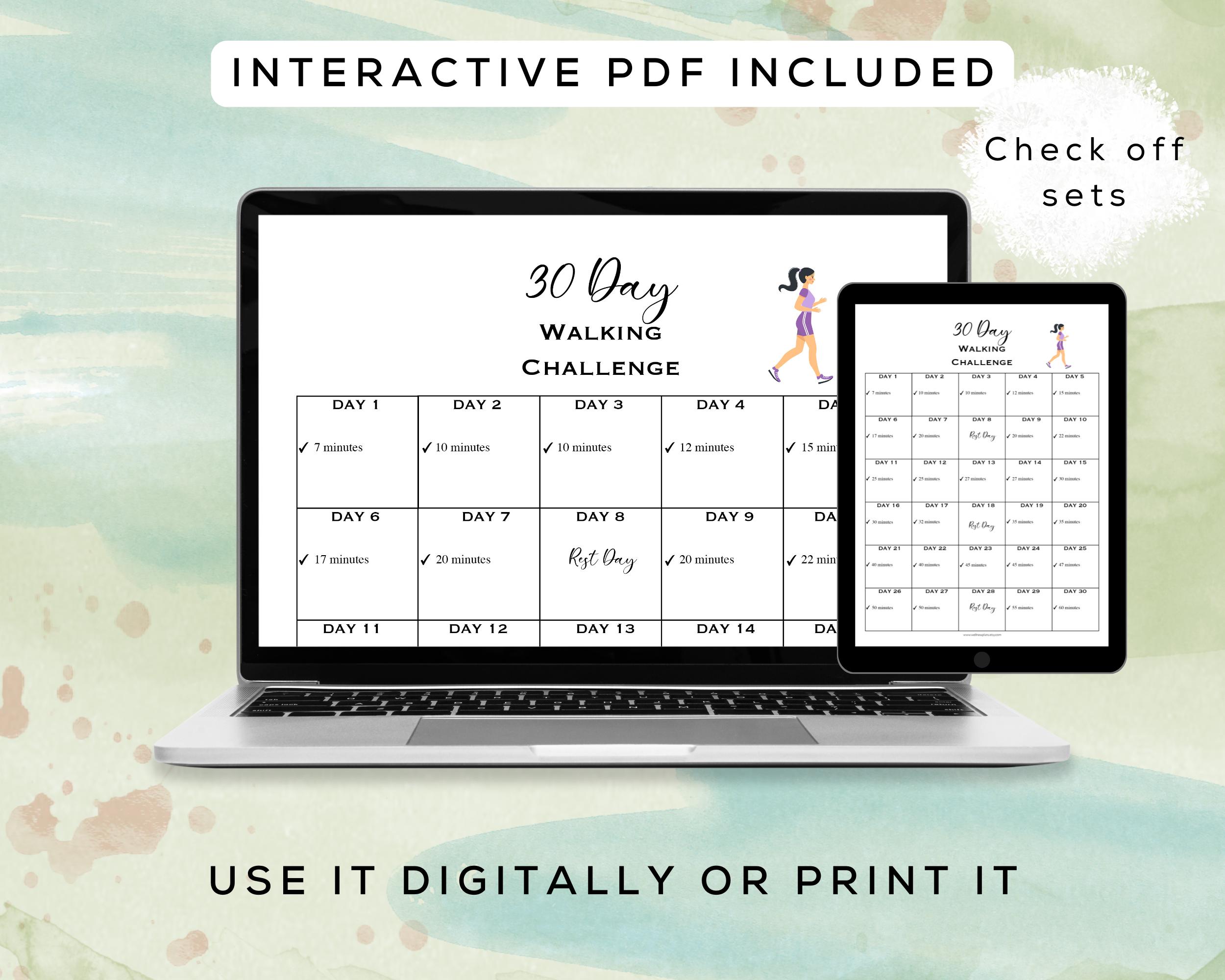 30 Day Walking Challenge Printable + Interactive PDF, Digital Workout ...