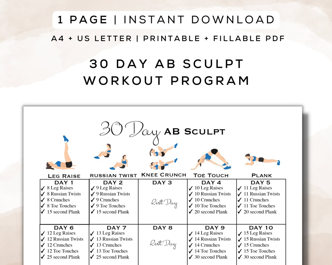 30 Day Ab Sculpt Workout Program Printable + Fillable PDF | Easy to ...