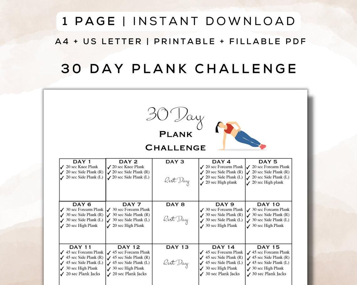 30 Day Plank Challenge Workout Plan Printable + Fillable PDF | Fitness ...
