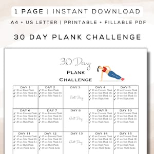 30 Day Plank Challenge Workout Plan Printable + Fillable PDF | Fitness ...