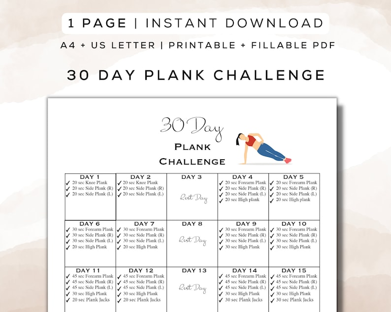 30 Day Plank Challenge Workout Plan Printable + Fillable PDF | Fitness ...