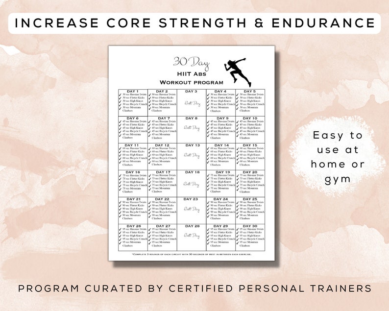 30 Day HIIT Abs Workout Program Printable + Fillable PDF | Bonus ...