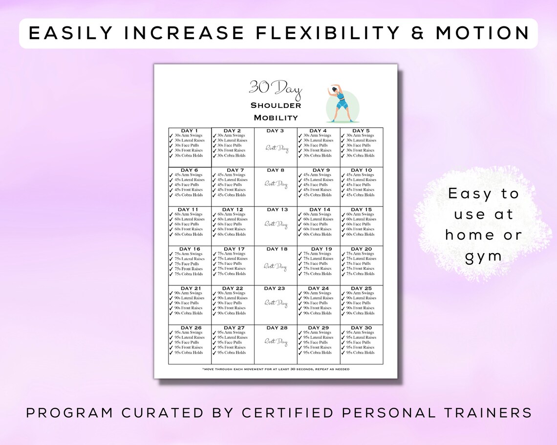 30 Day Shoulder Mobility Challenge Printable Fillable PDF Easy to ...
