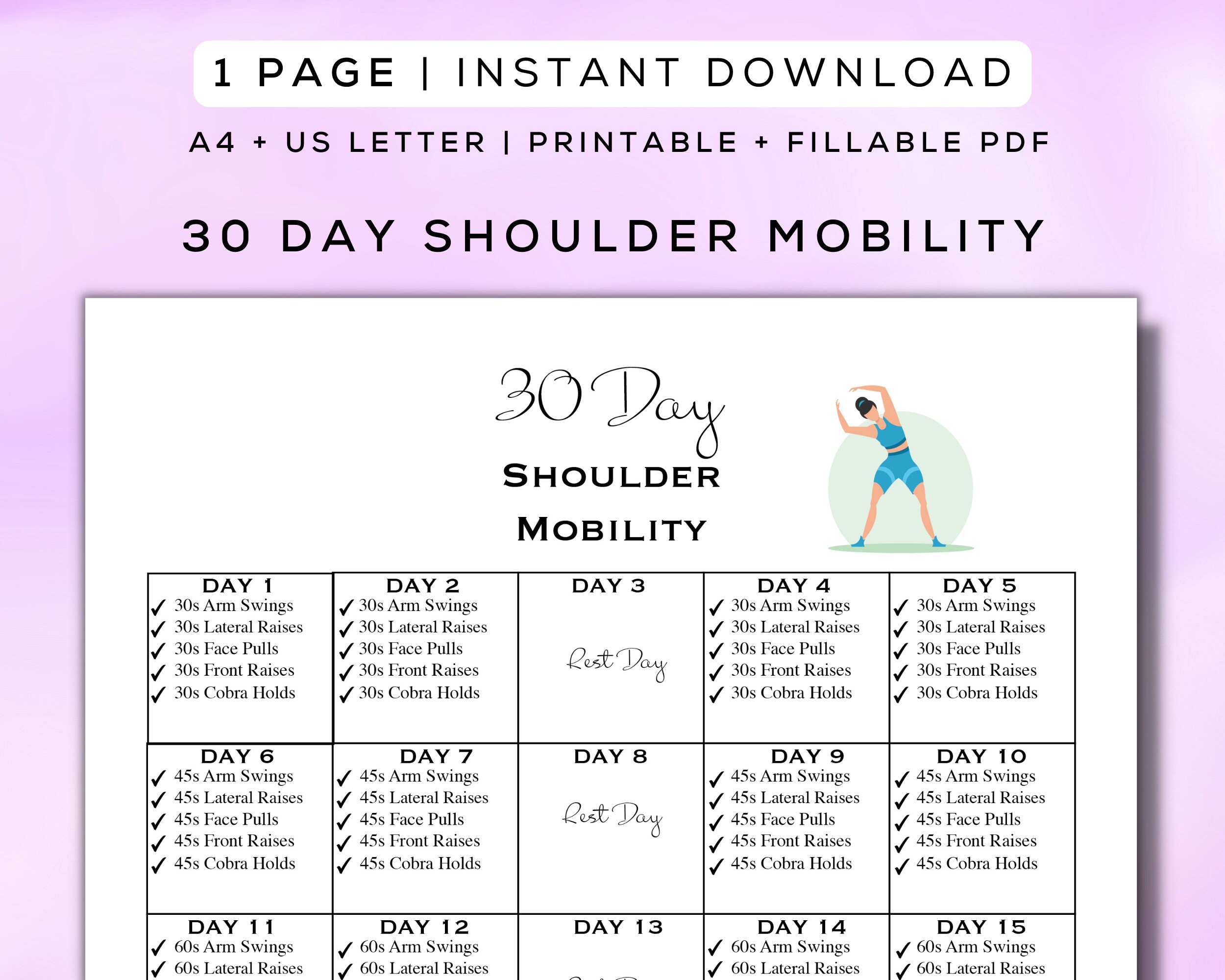 30 Day Shoulder Mobility Challenge Printable Fillable PDF Easy to ...