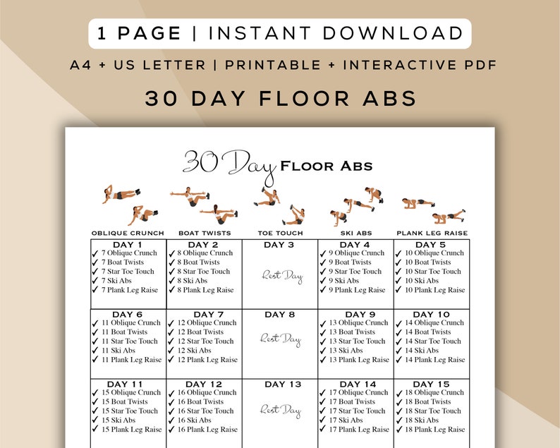 30 Day Floor Ab Workout Printable + Interactive PDF | Easy to Follow ...