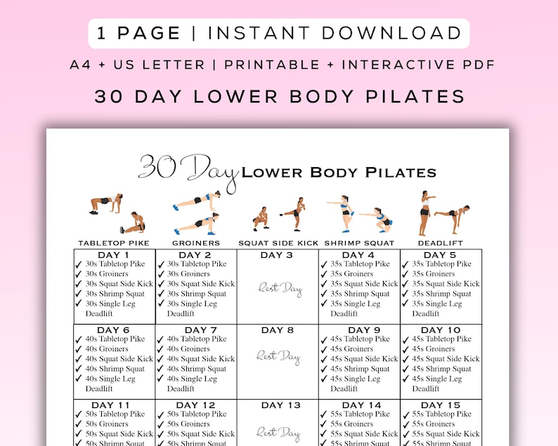 30 Day Lower Body Pilates Printable + Interactive PDF | Easy to Follow ...