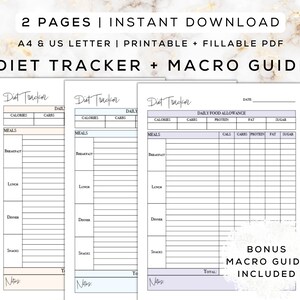 Diet Tracker Printable + Fillable PDF | Bonus Macro Guide Included ...