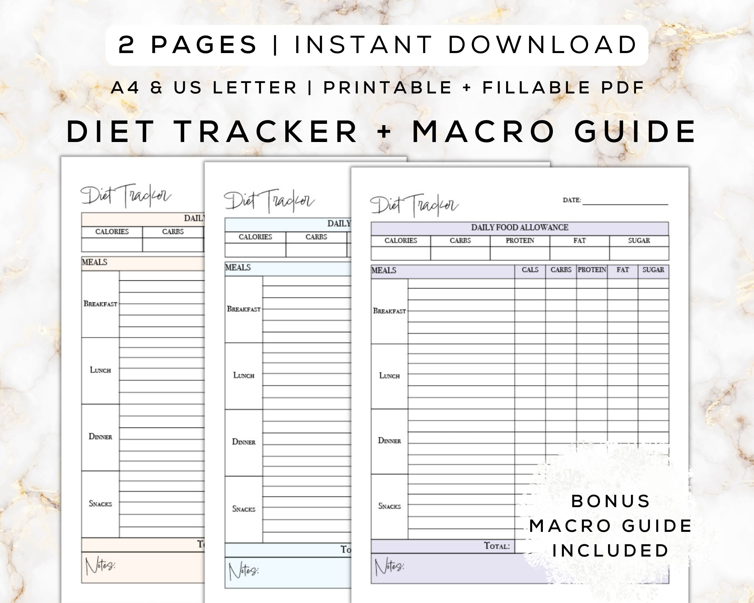 Diet Tracker Printable Fillable Pdf Bonus Macro Guide Included 8062