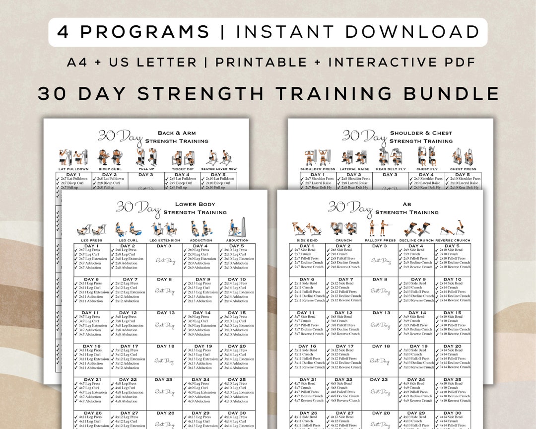 30 Day Strength Training Workout Bundle Printable + Interactive PDF |4 ...