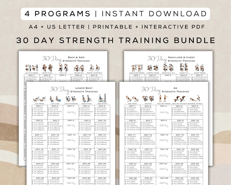 30 Day Strength Training Workout Bundle Printable + Interactive PDF |4 ...