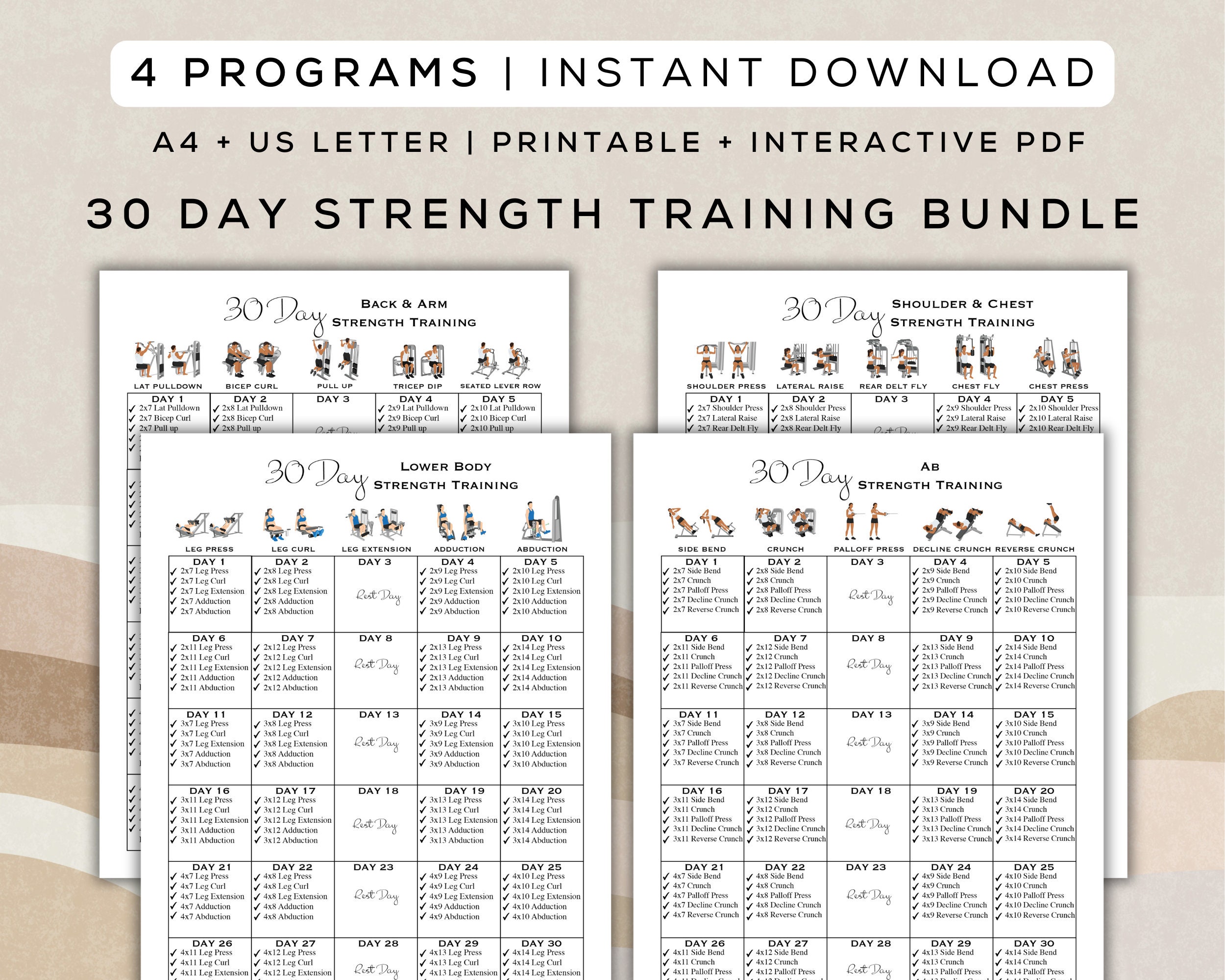 30 Day Strength Training Workout Bundle Printable + Interactive PDF |4 ...