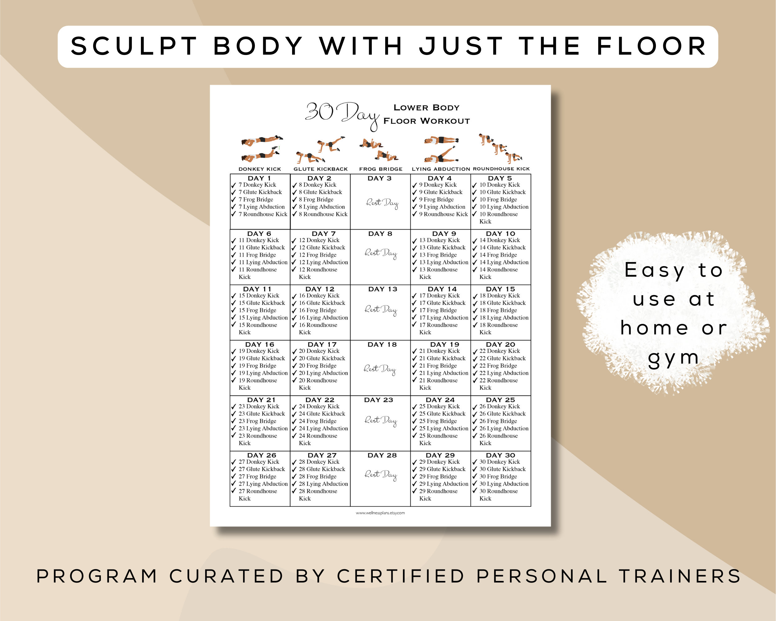 30 Day Lower Body Floor Workout Printable + Interactive PDF | Easy to ...