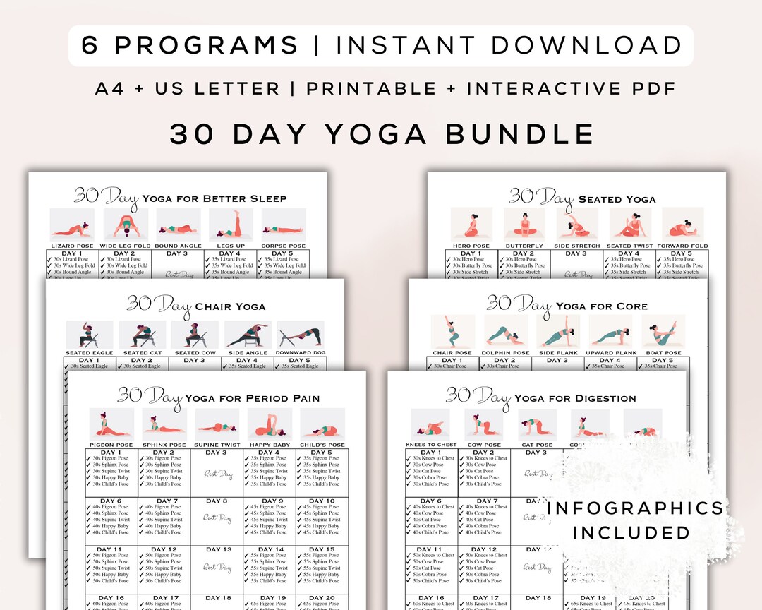 30 Day Yoga Bundle Printable + Interactive PDF | 6 Programs, Easy to ...