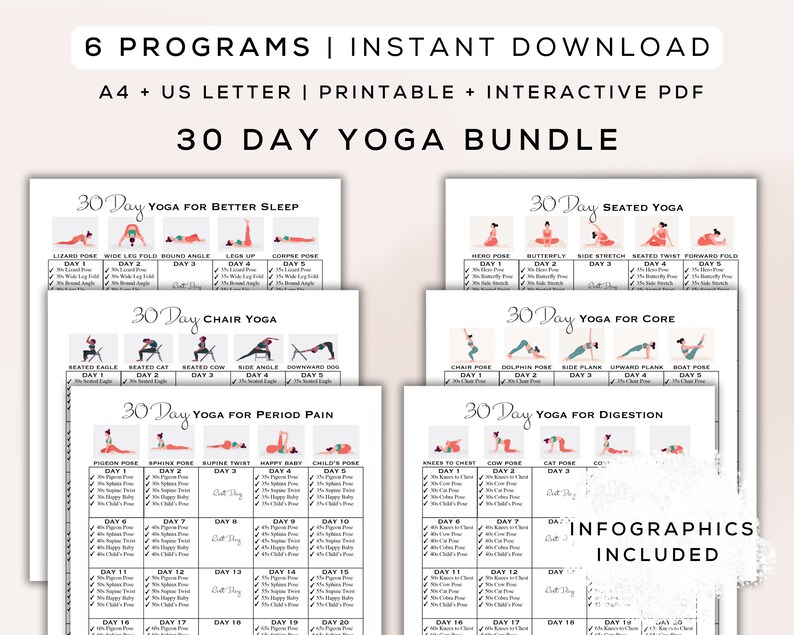 30 Day Yoga Bundle Printable + Interactive PDF | 6 Programs, Easy to ...
